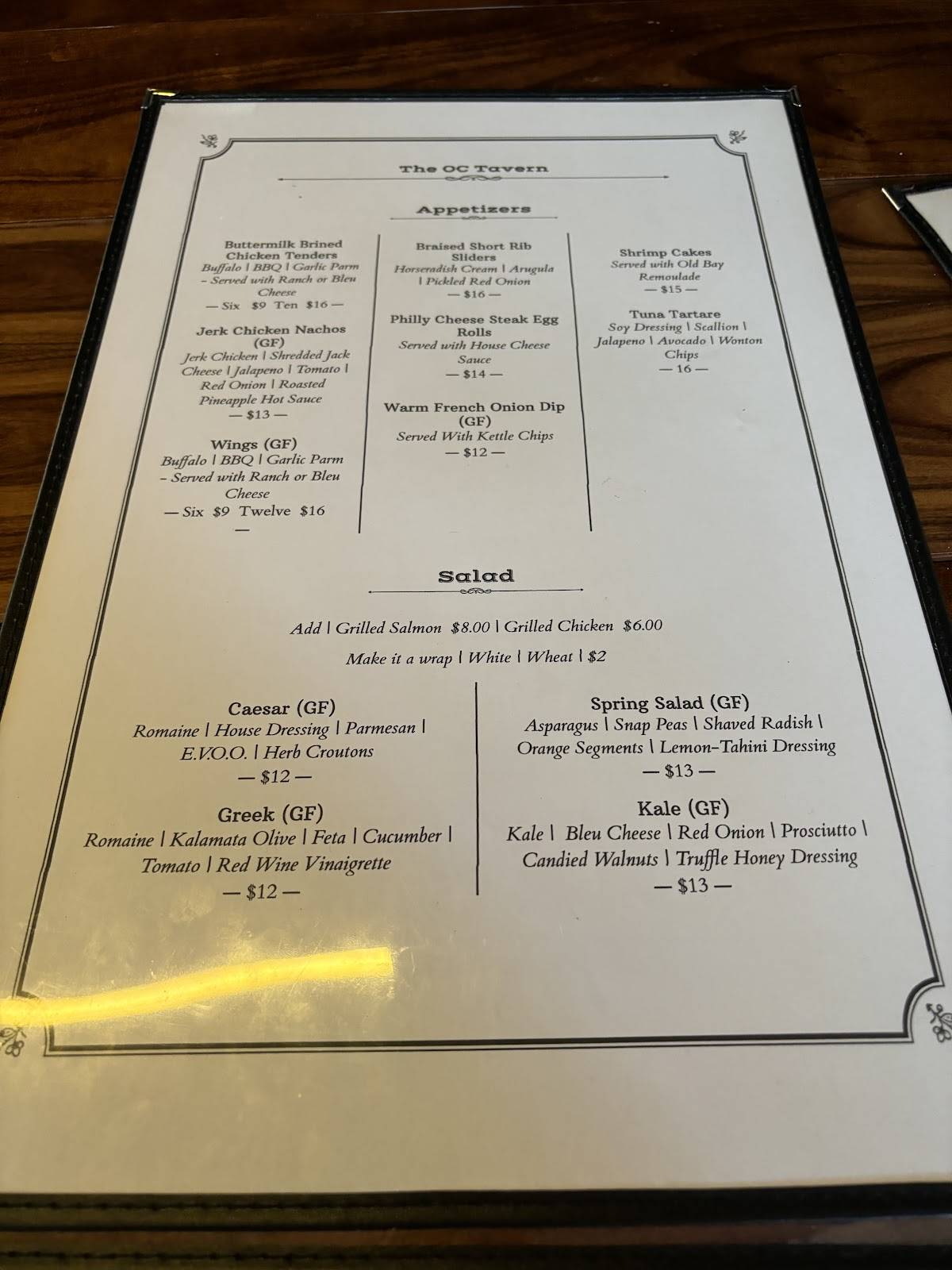 Menu at The OC Tavern restaurant, Cromwell