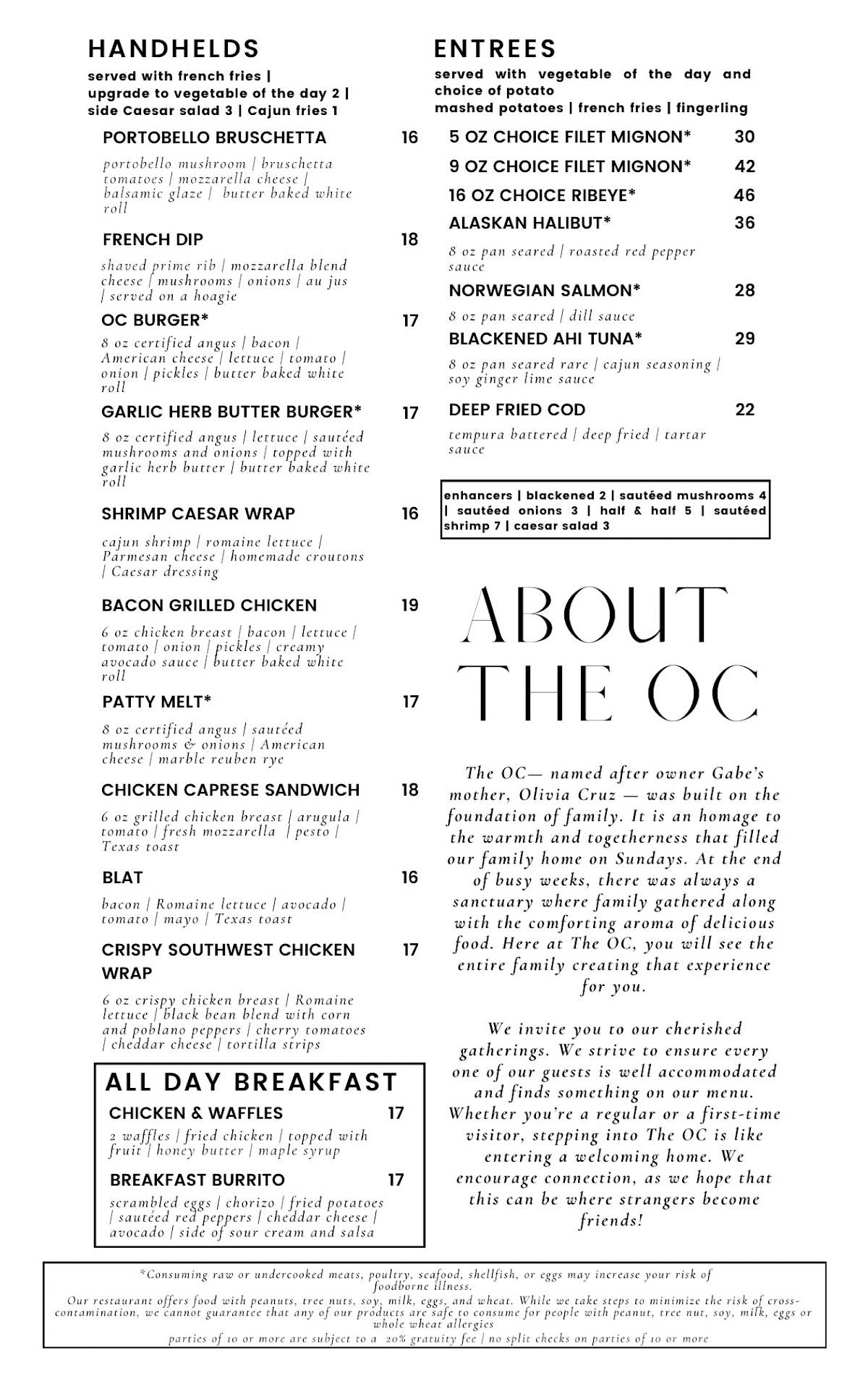 Menu at The OC restaurant, Green Bay