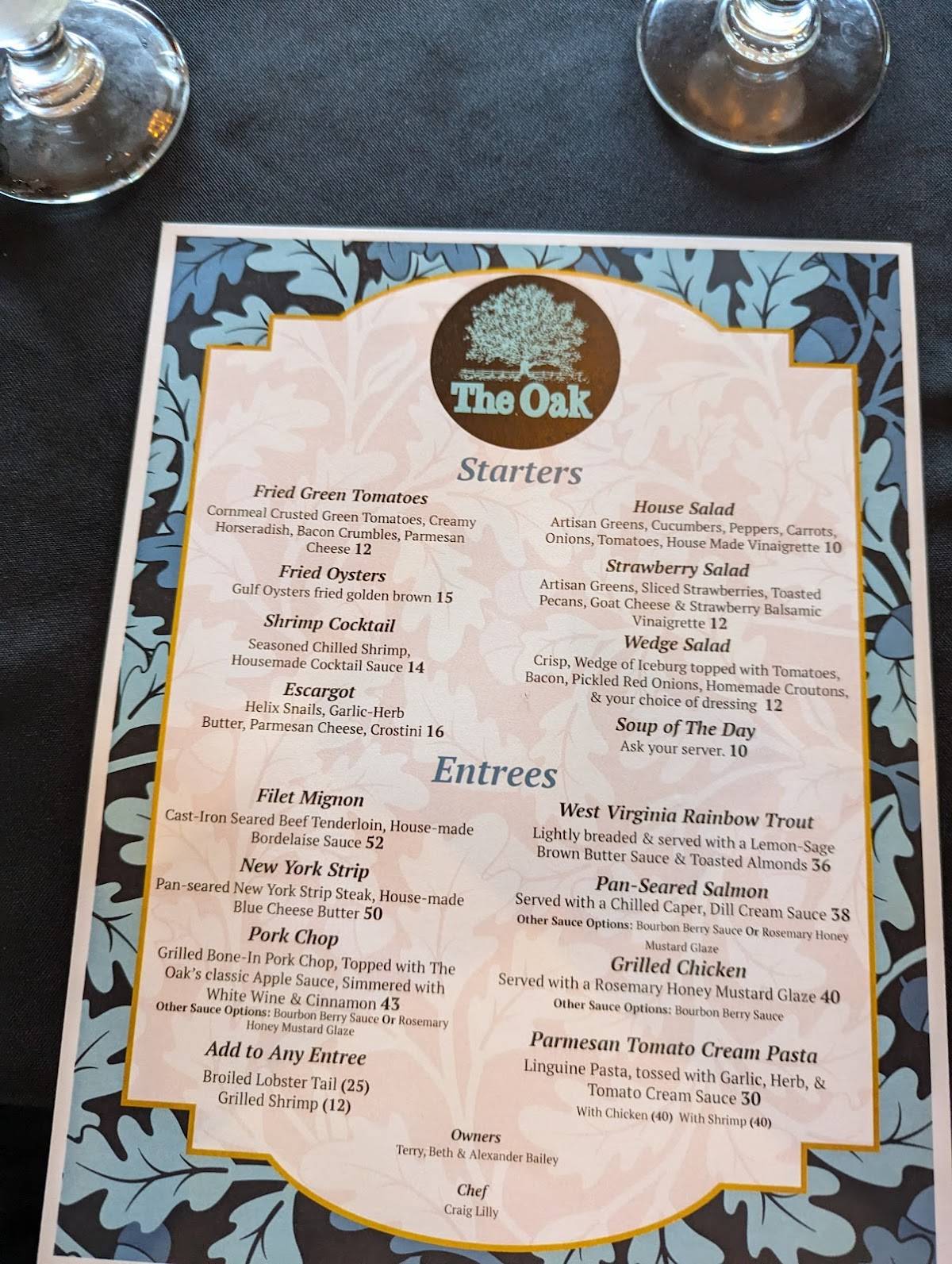 Menu at The Oak steakhouse, Pipestem, 4 Bailey Dr