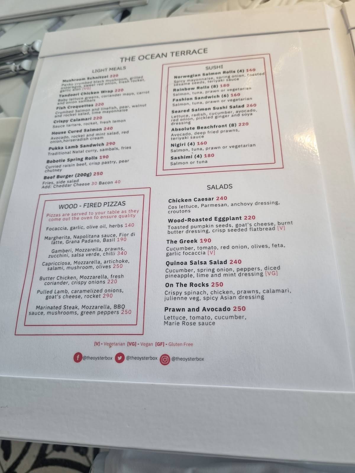 Menu at The Ocean Terrace restaurant, Umhlanga
