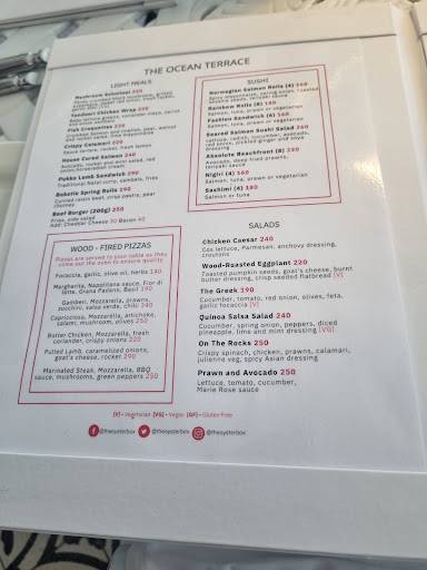 Menu at The Ocean Terrace restaurant, Umhlanga