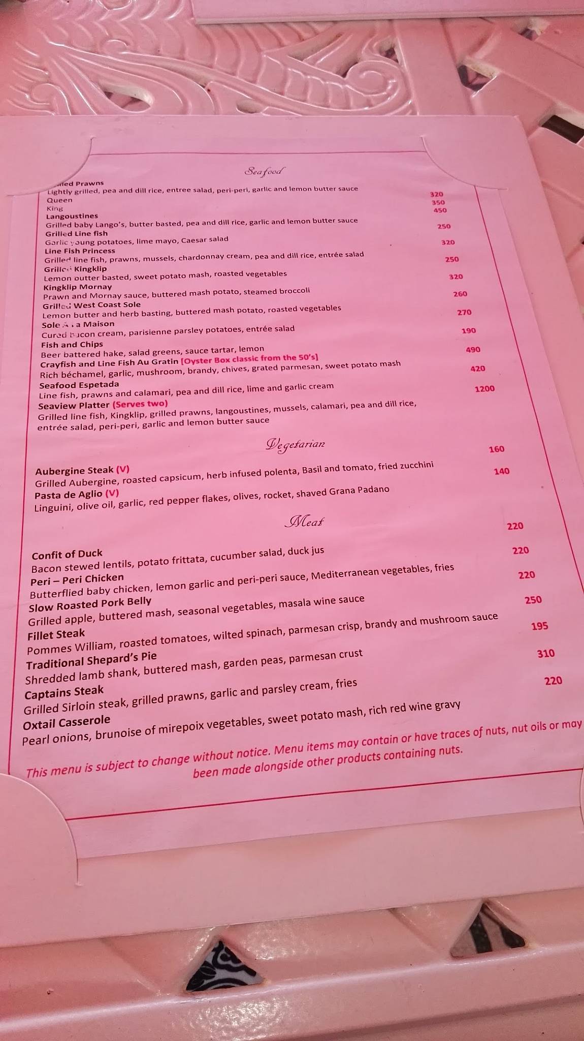 Menu at The Ocean Terrace restaurant, Umhlanga
