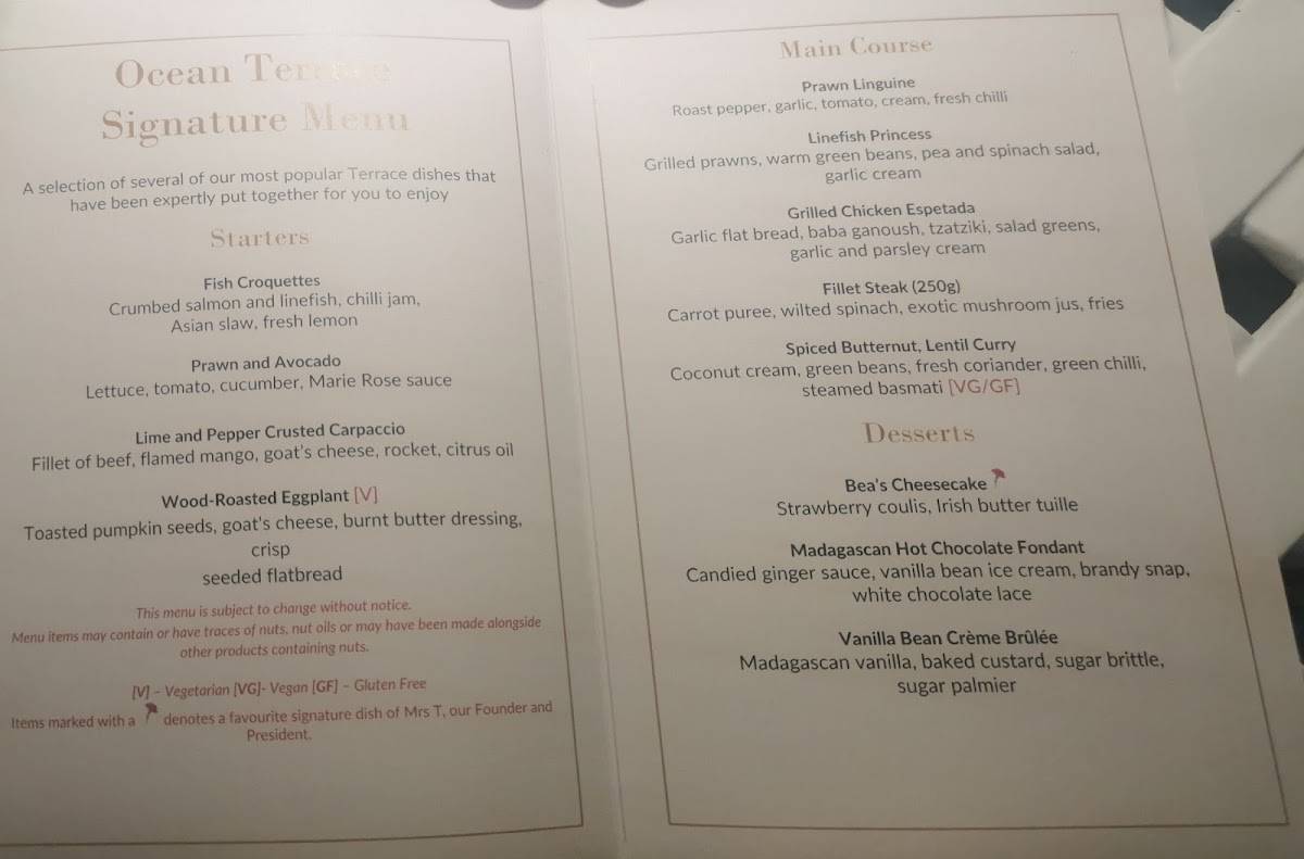 Menu at The Ocean Terrace restaurant, Umhlanga