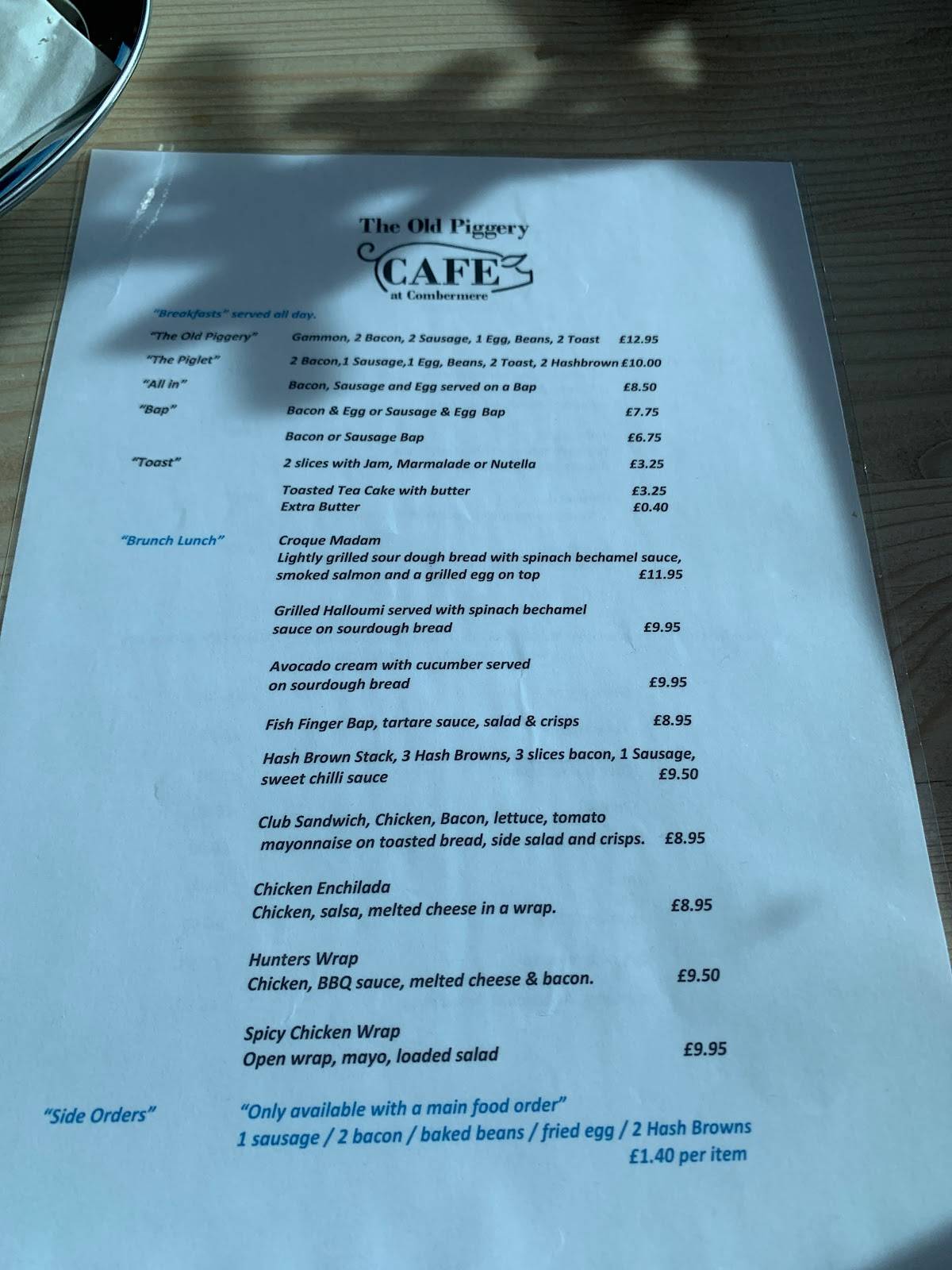 Menu at The Old Piggery Cafe at Combermere, Whitchurch Rural