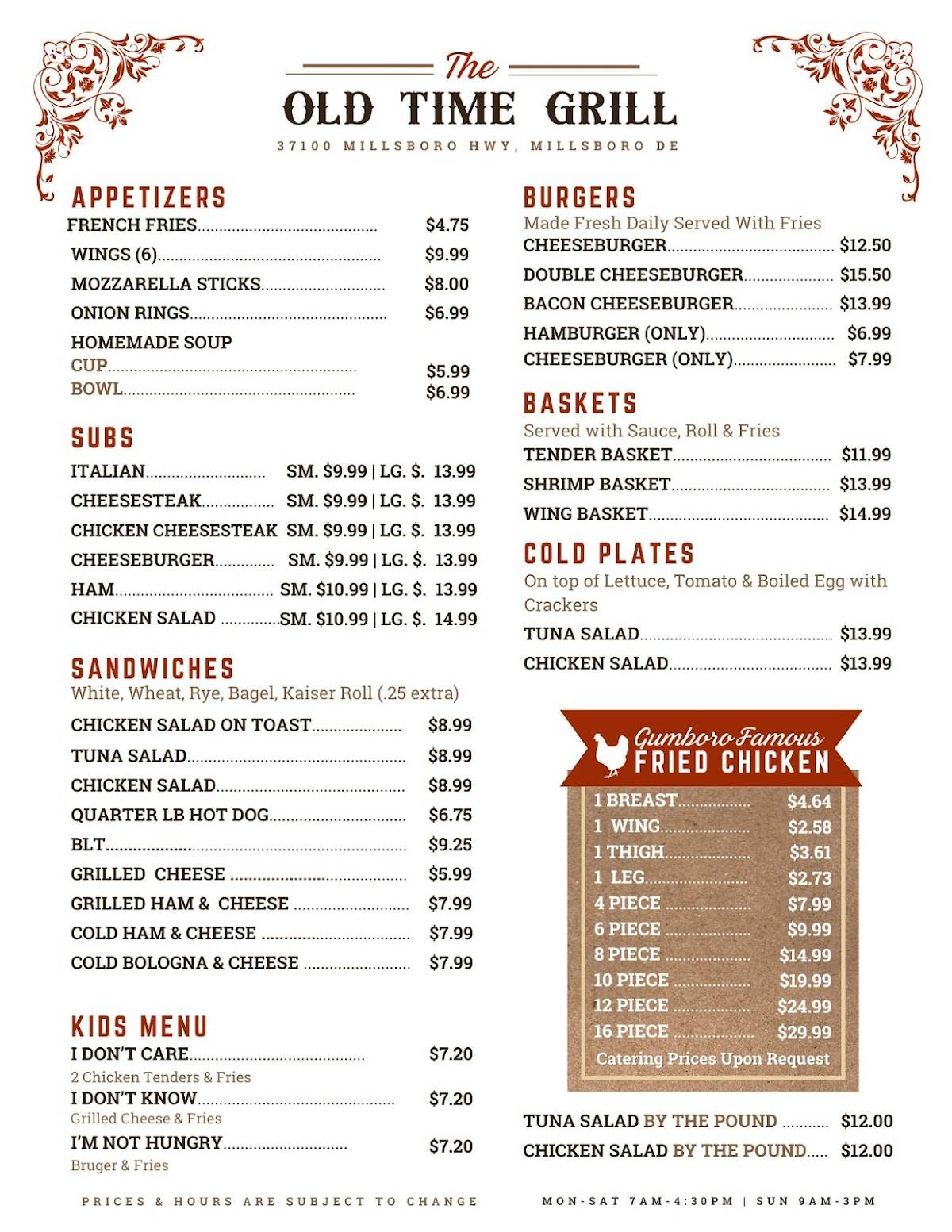 Menu at The Old Time Grill restaurant, Gumboro