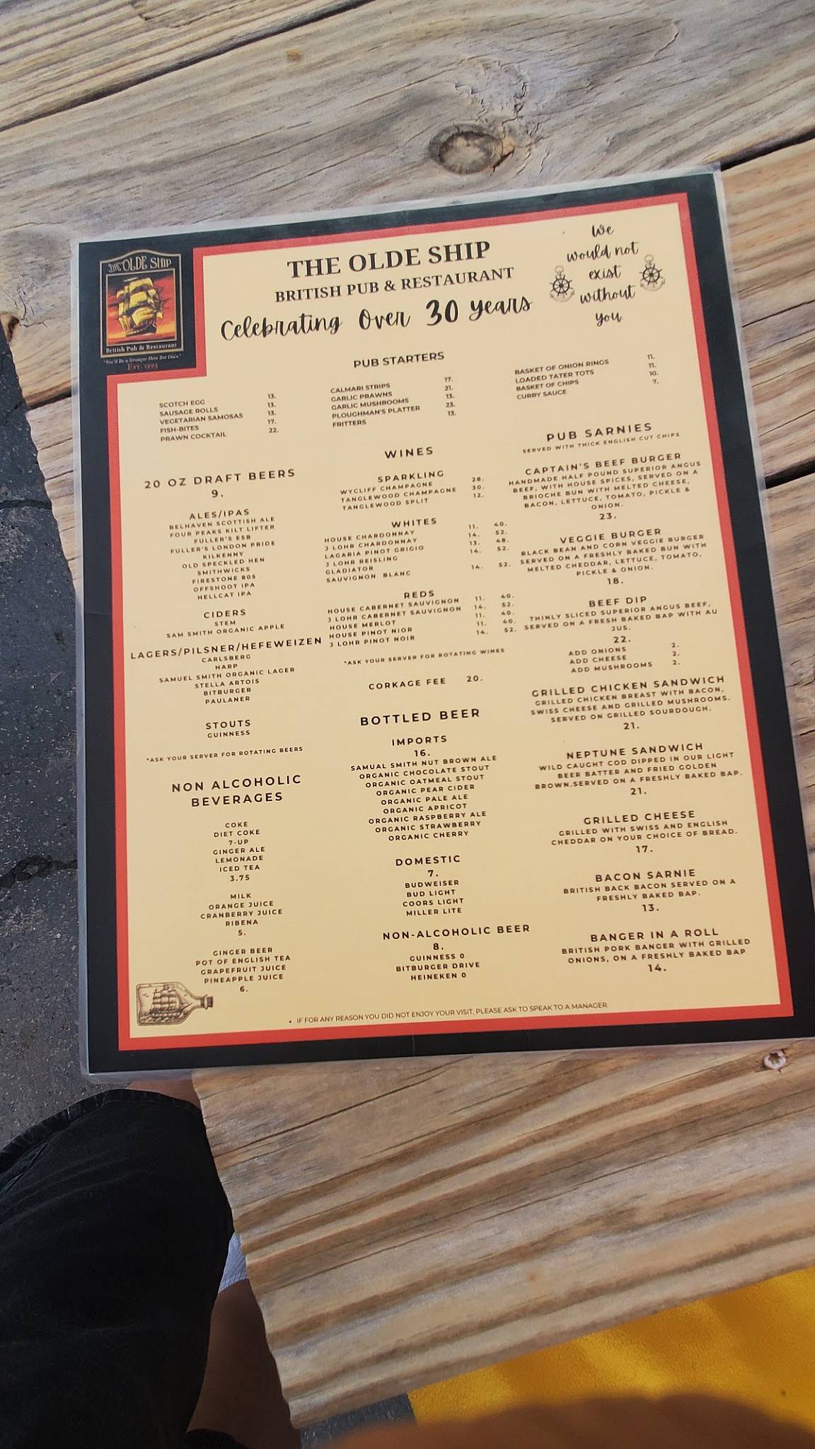 Menu at The Olde Ship pub & bar, Fullerton