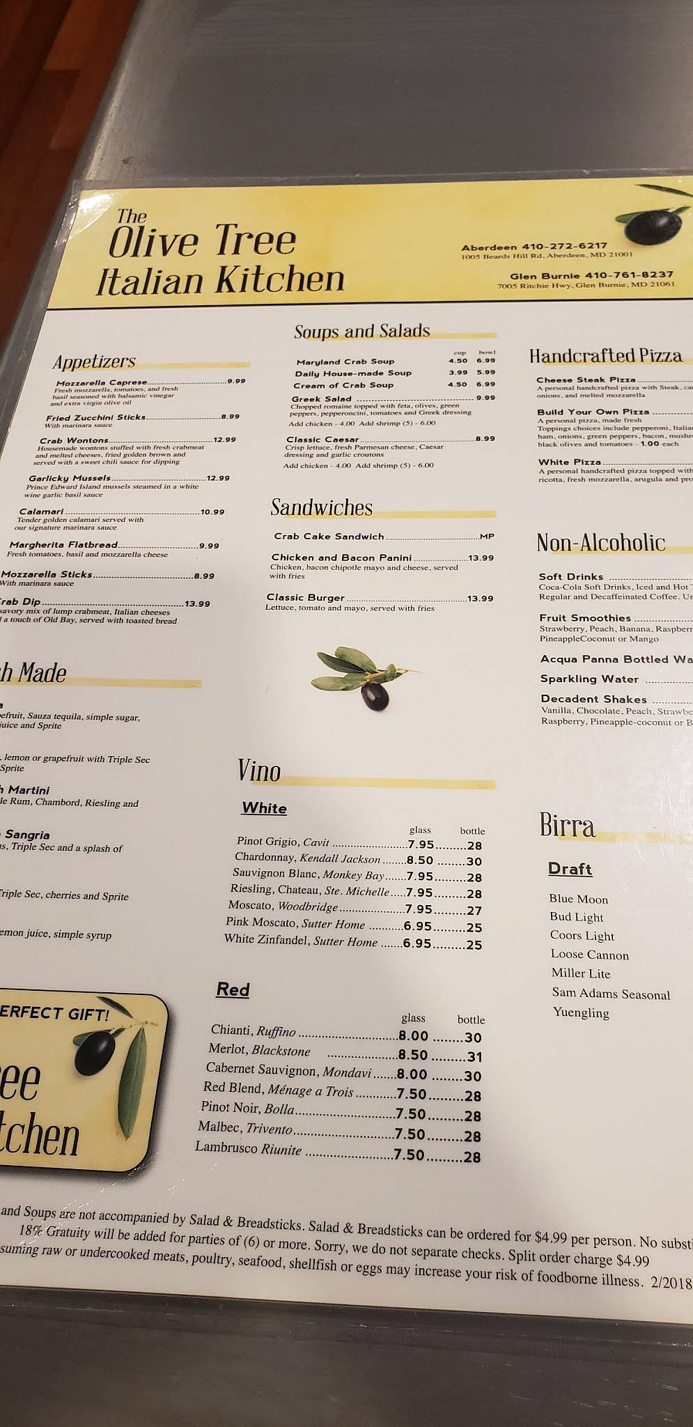 Menu at The Olive Tree restaurant, Glen Burnie