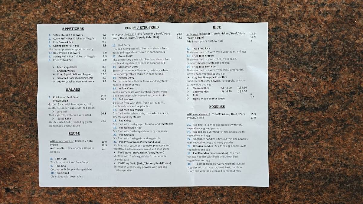 Menu at The One Thai restaurant, Sandringham