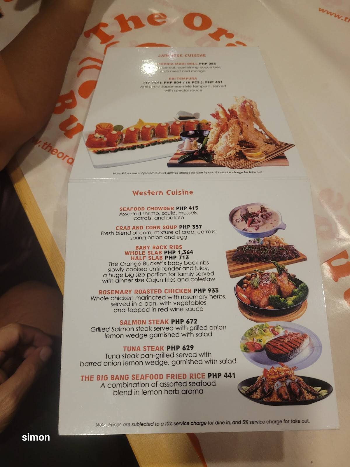 Menu at The Orange Bucket Eastwood restaurant, Quezon City