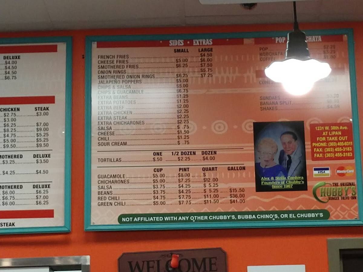 Menu at The Original Chubby's Denver fast food, Denver, W 38th Ave