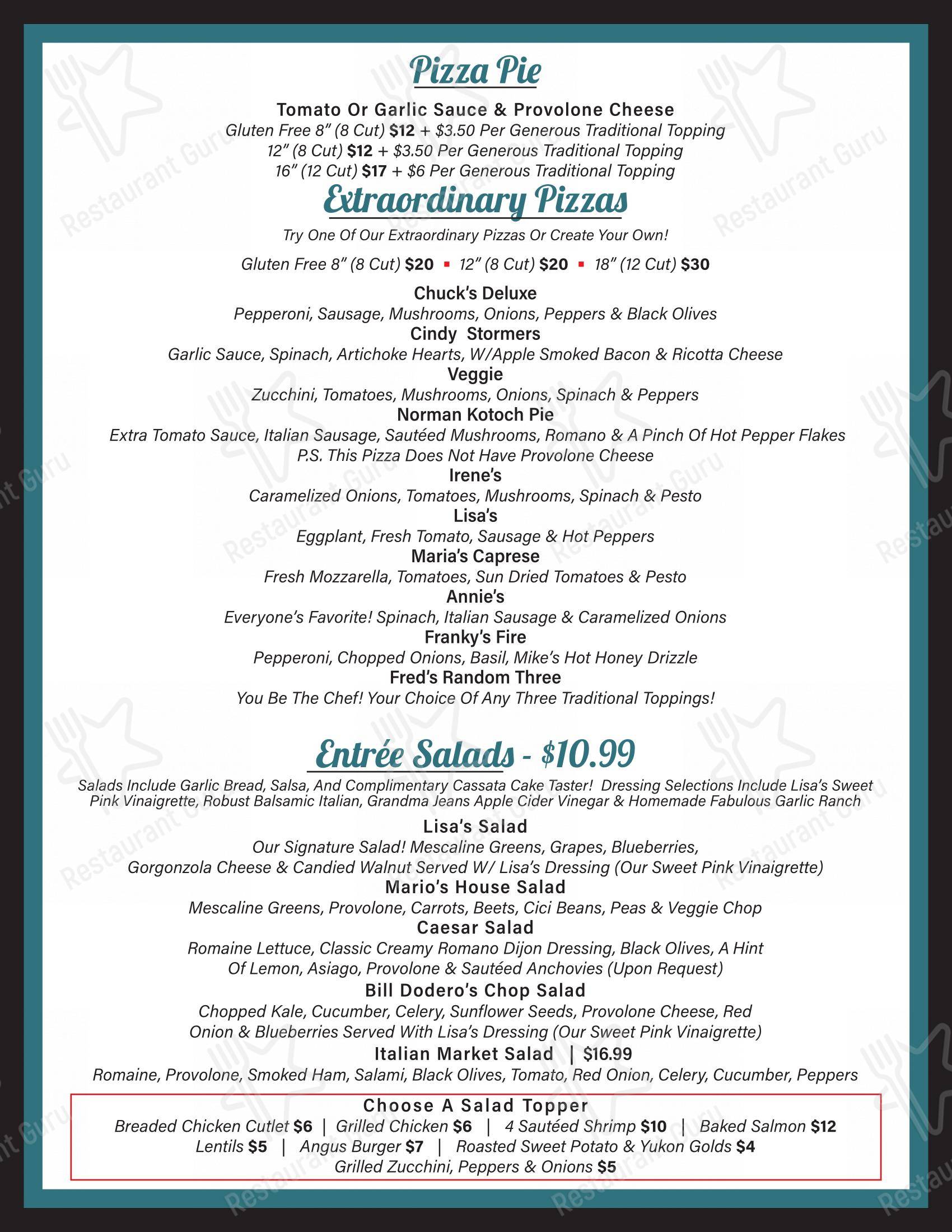 Menu at The Original Mario Fazios restaurant, Willoughby Hills