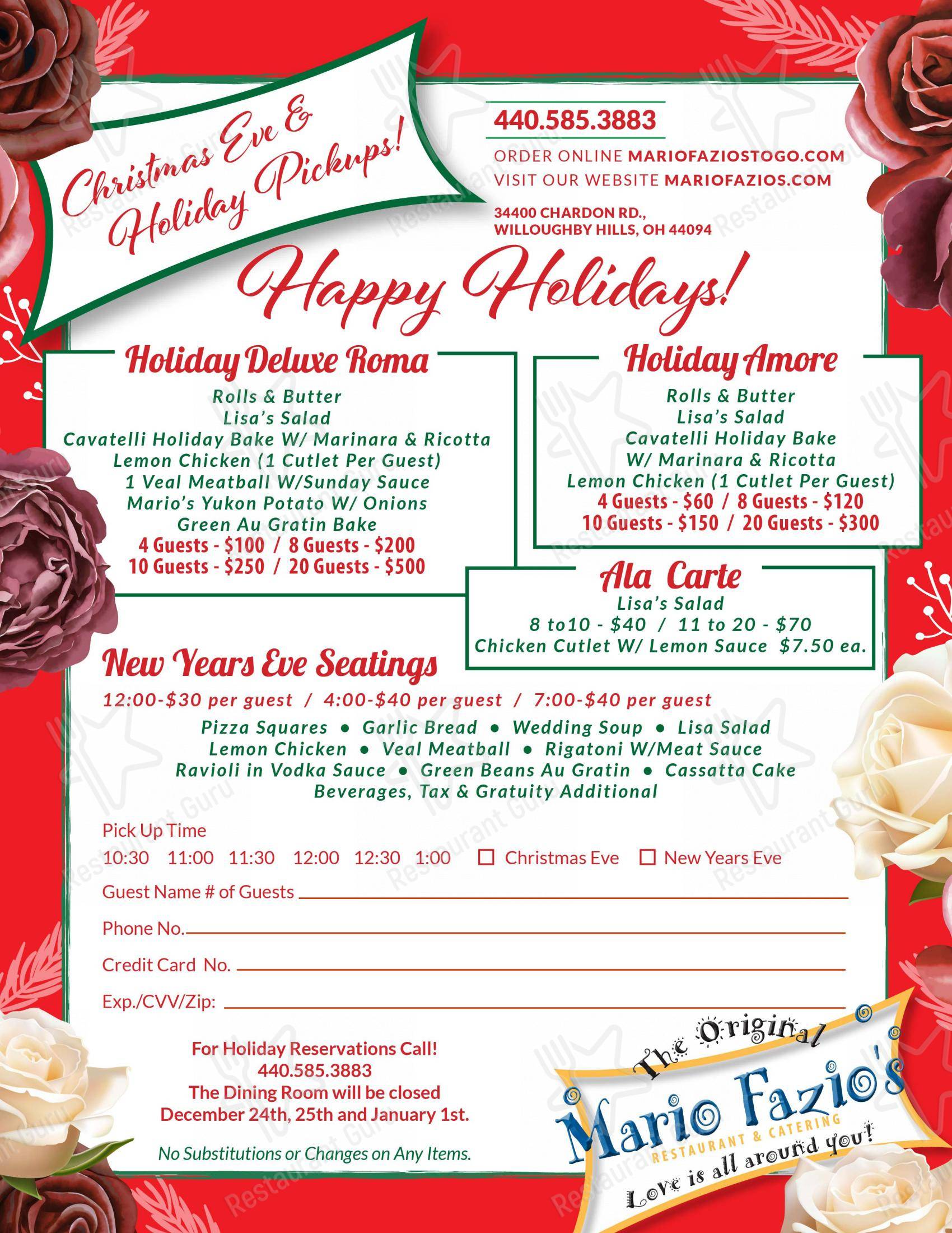 Menu at The Original Mario Fazios restaurant, Willoughby Hills