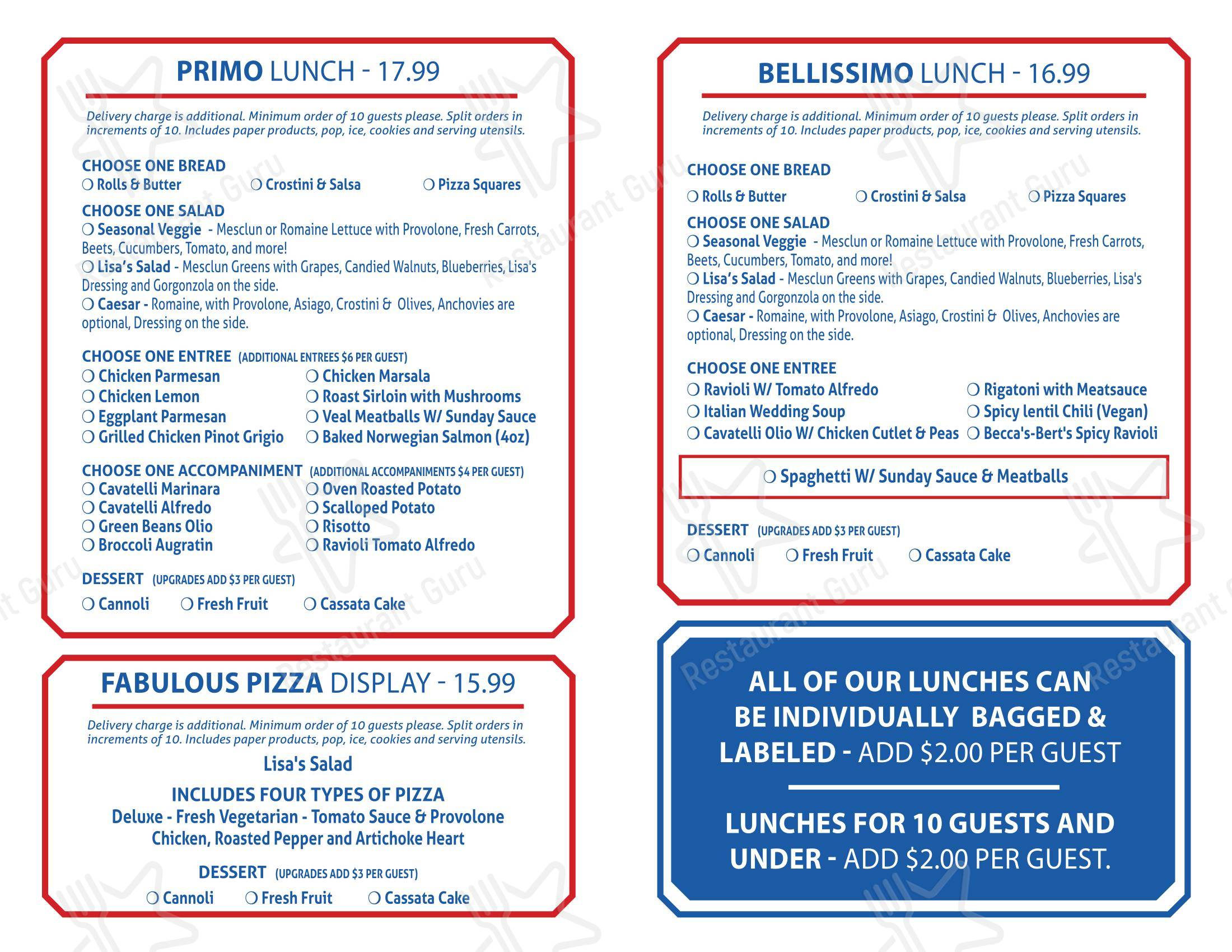 Menu at The Original Mario Fazios restaurant, Willoughby Hills