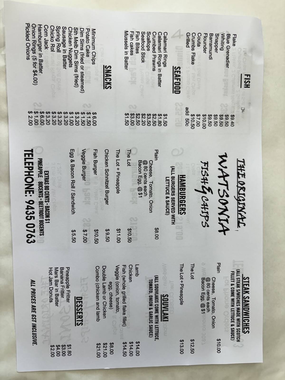 Menu at The Original Watsonia Fish & Chips fast food, Watsonia