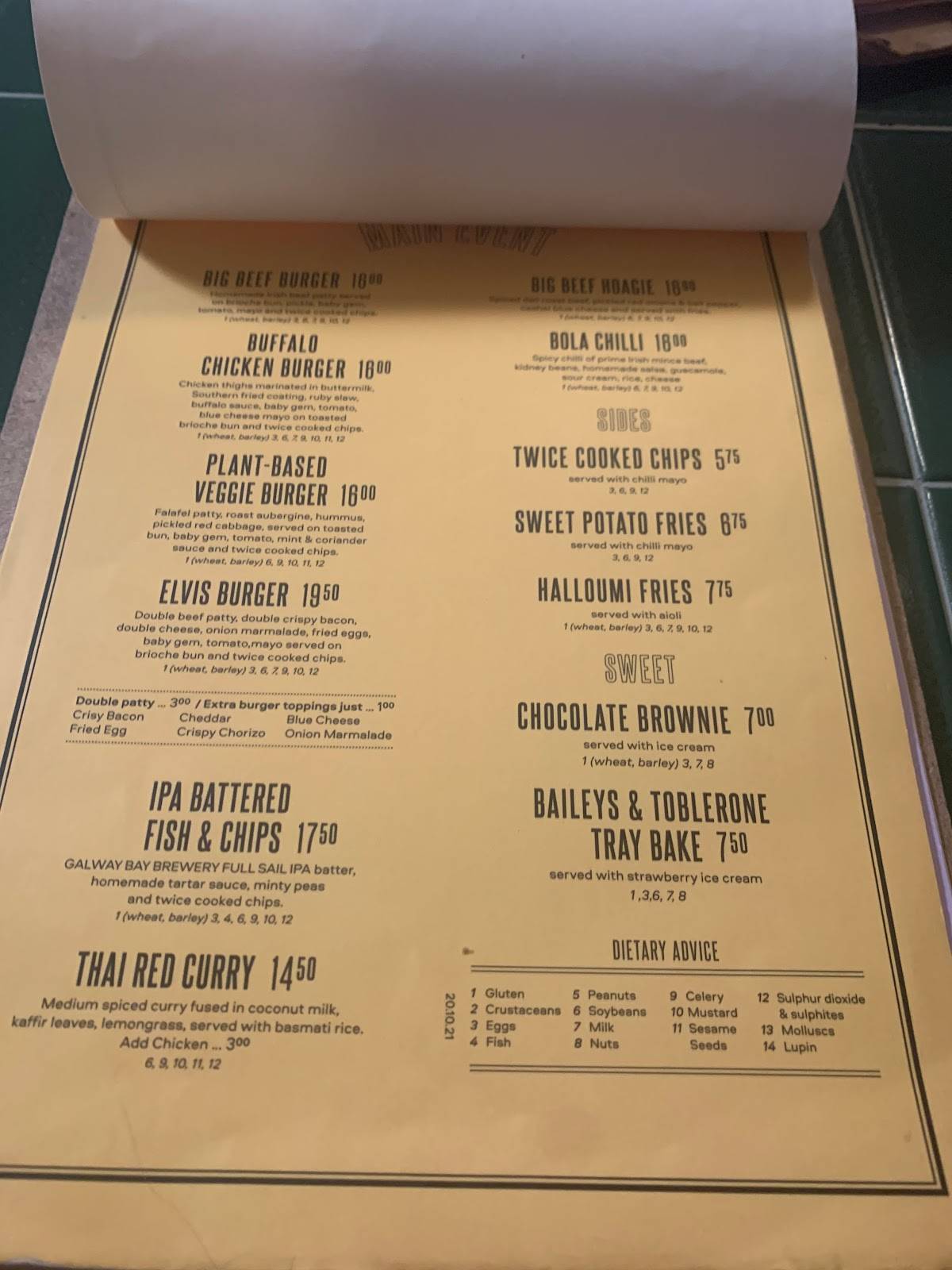 Menu at The Oslo Bar, Galway