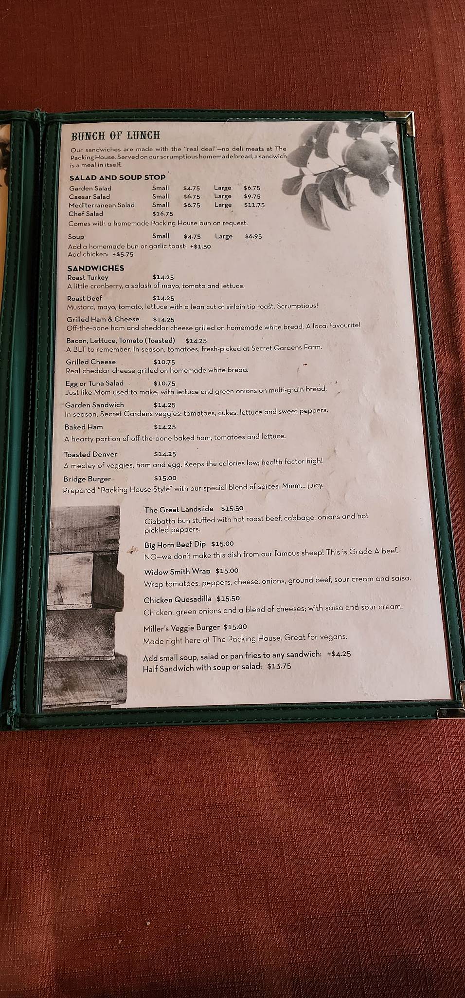 Menu at The Packing House restaurant, Spences Bridge