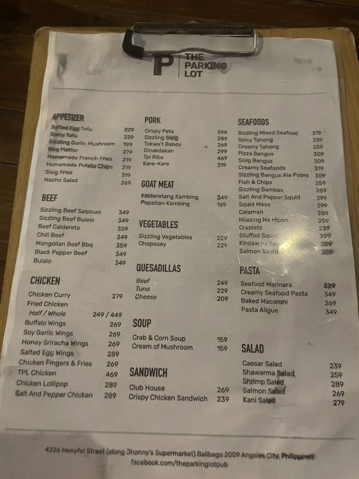Menu at The Parking Lot Pub, Angeles