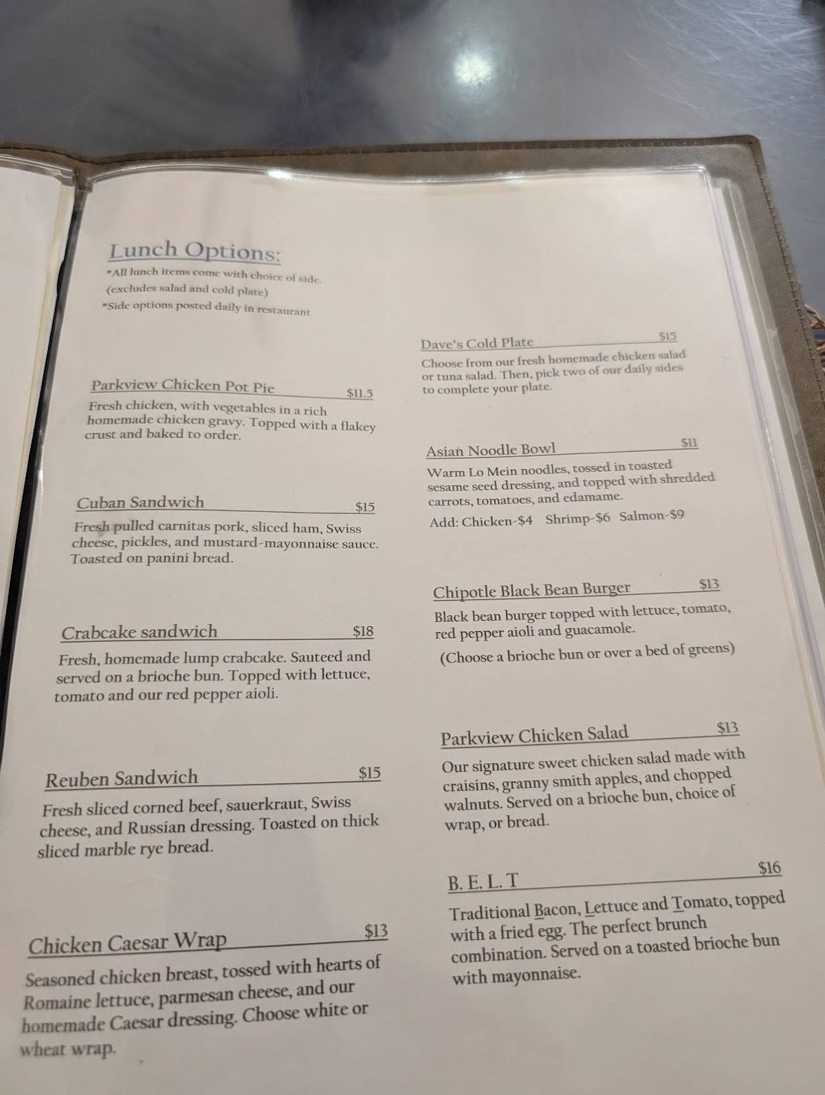 Menu at The Parkview Restaurant, Westfield