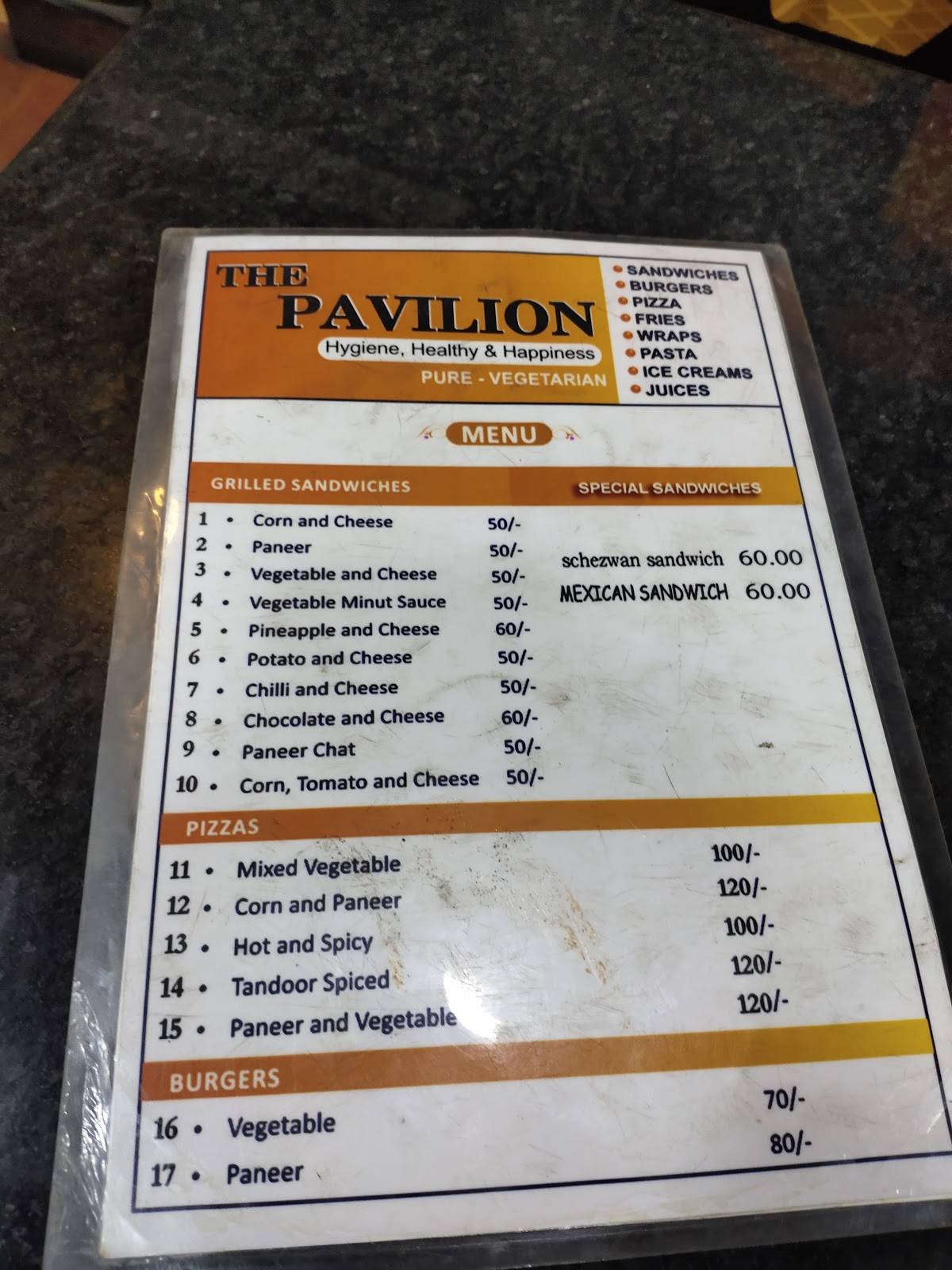 Menu at The Pavilion, Chennai
