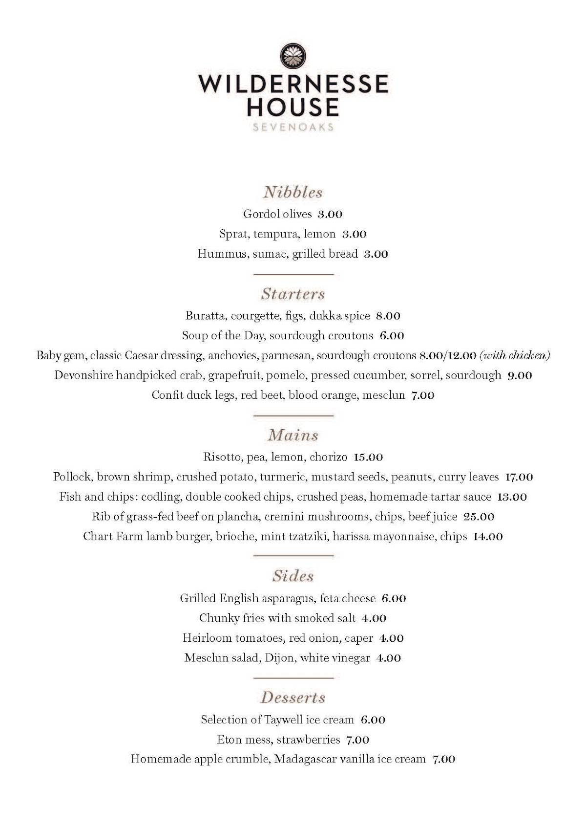 Menu at The Pavilion at Wildernesse House restaurant, Sevenoaks