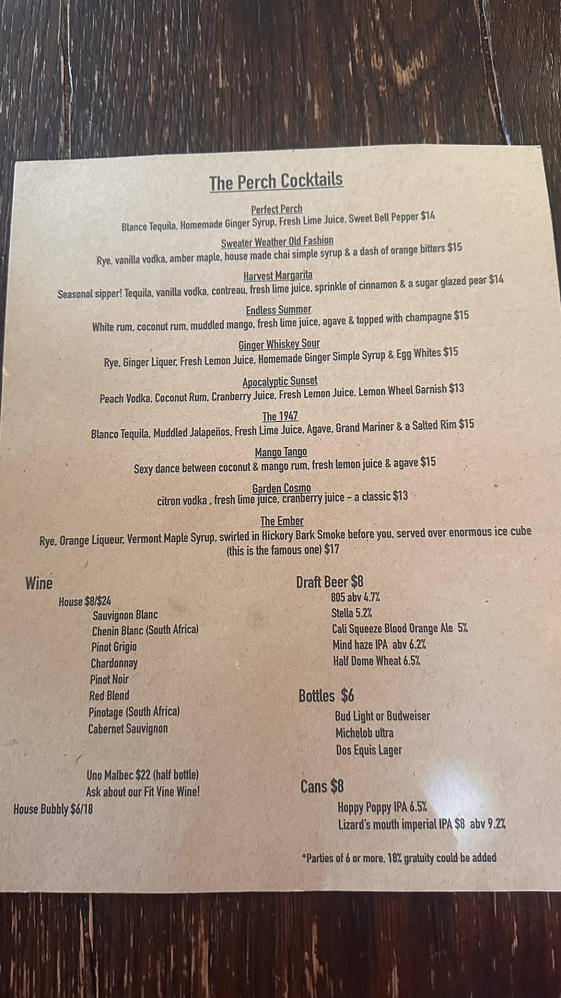 Menu at The Perch pub & bar, Pine Mountain Club
