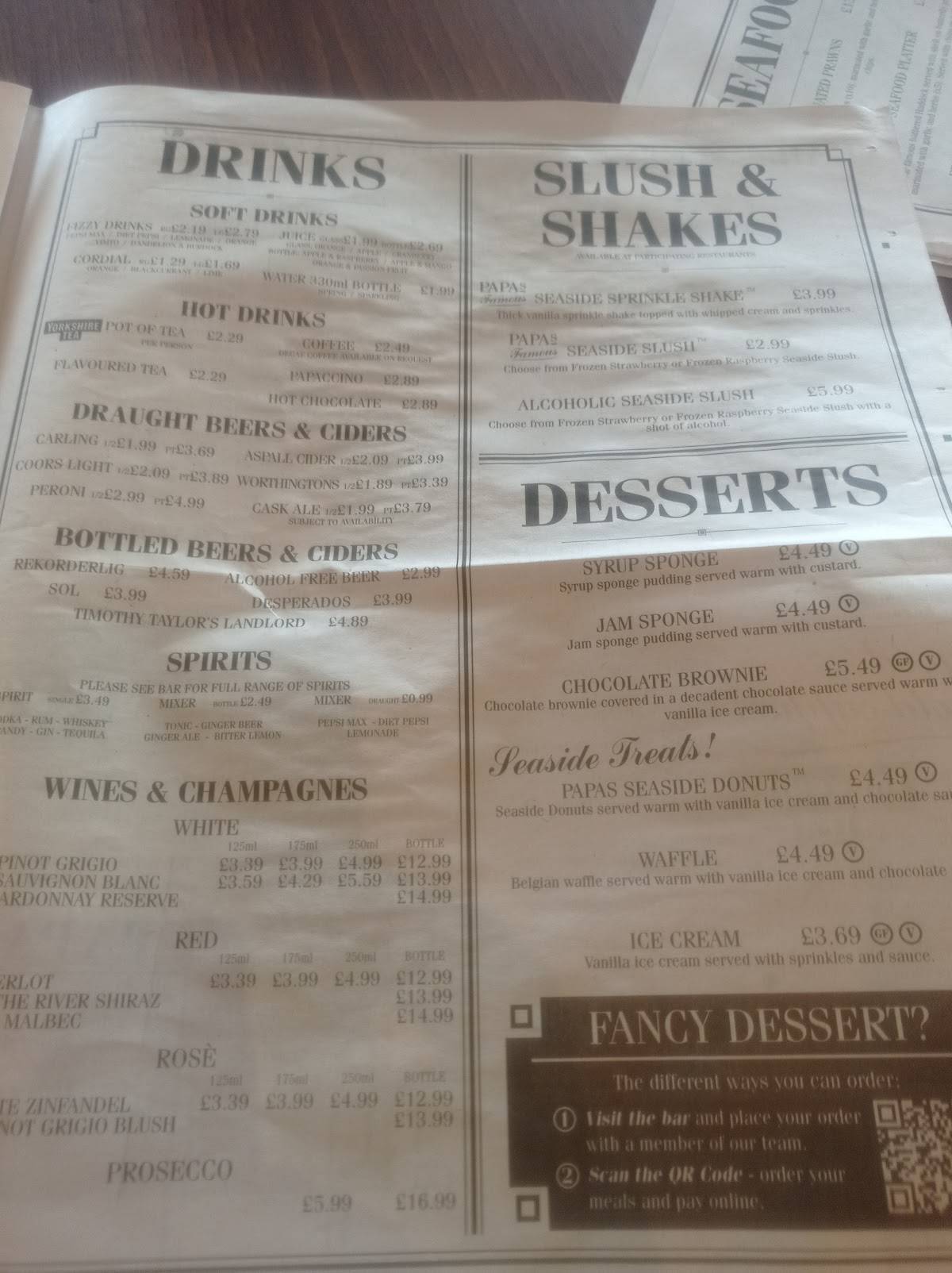 Menu at The Pier Cleethorpes - Papas restaurant, Cleethorpes