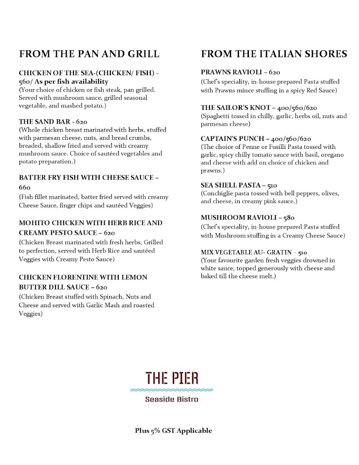 Menu at The Pier - Seaside Bistro, Mormugao