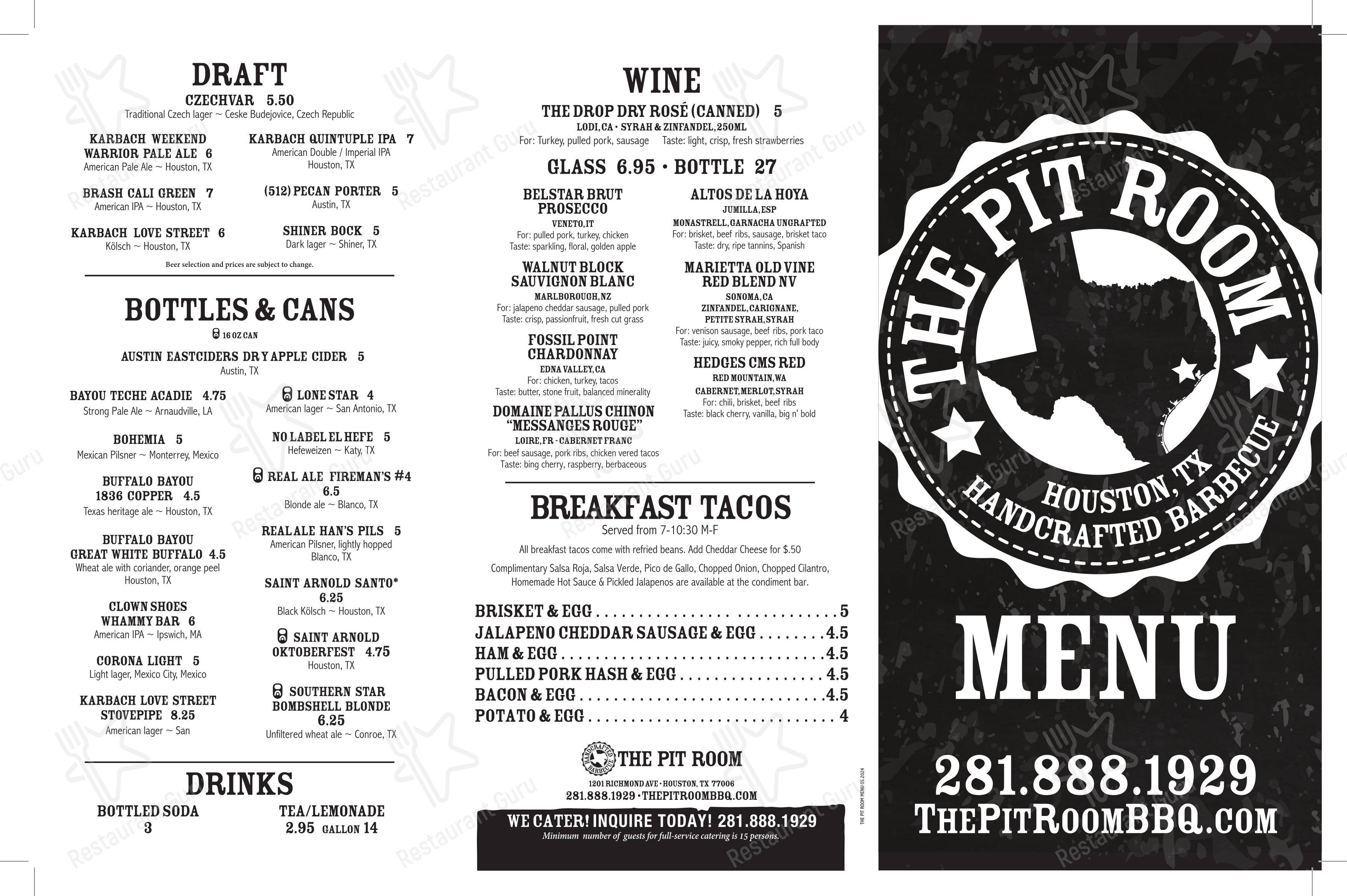 Menu at The Pit Room BBQ, Houston, Richmond Ave.