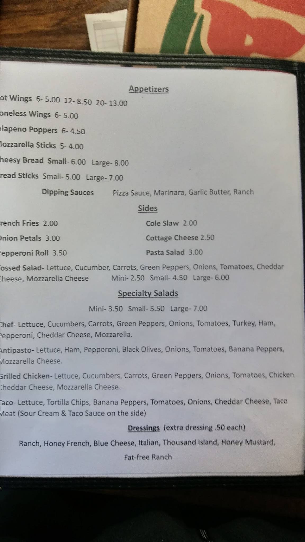 Menu at The Pizza Box restaurant, Pennsboro