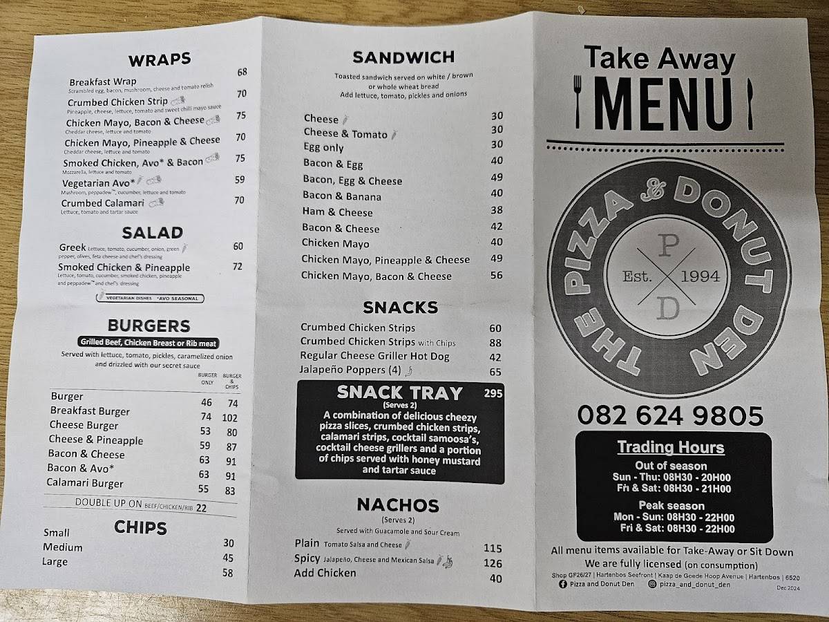 Menu at The Pizza & Donut Den pizzeria, Mossel Bay