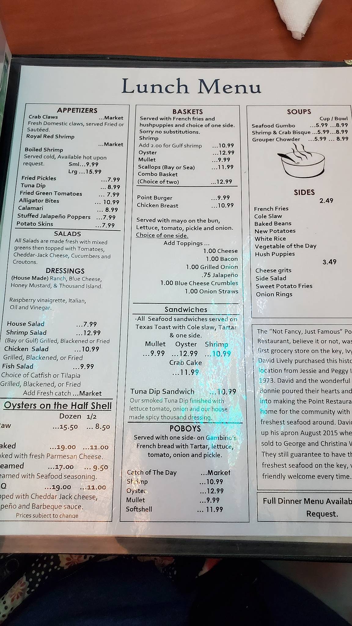 Menu at The Point Restaurant, Perdido Key
