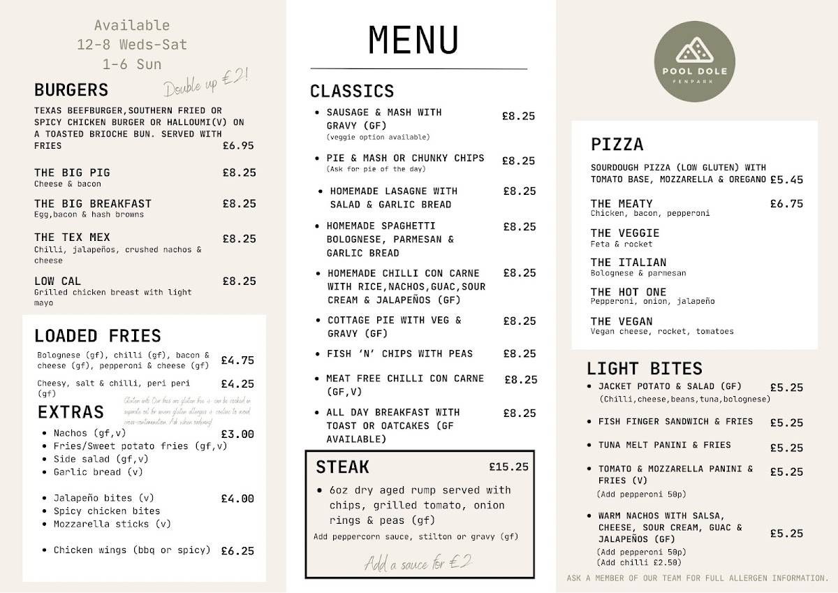 Menu at The Pool Dole pub & bar, Stoke-on-Trent