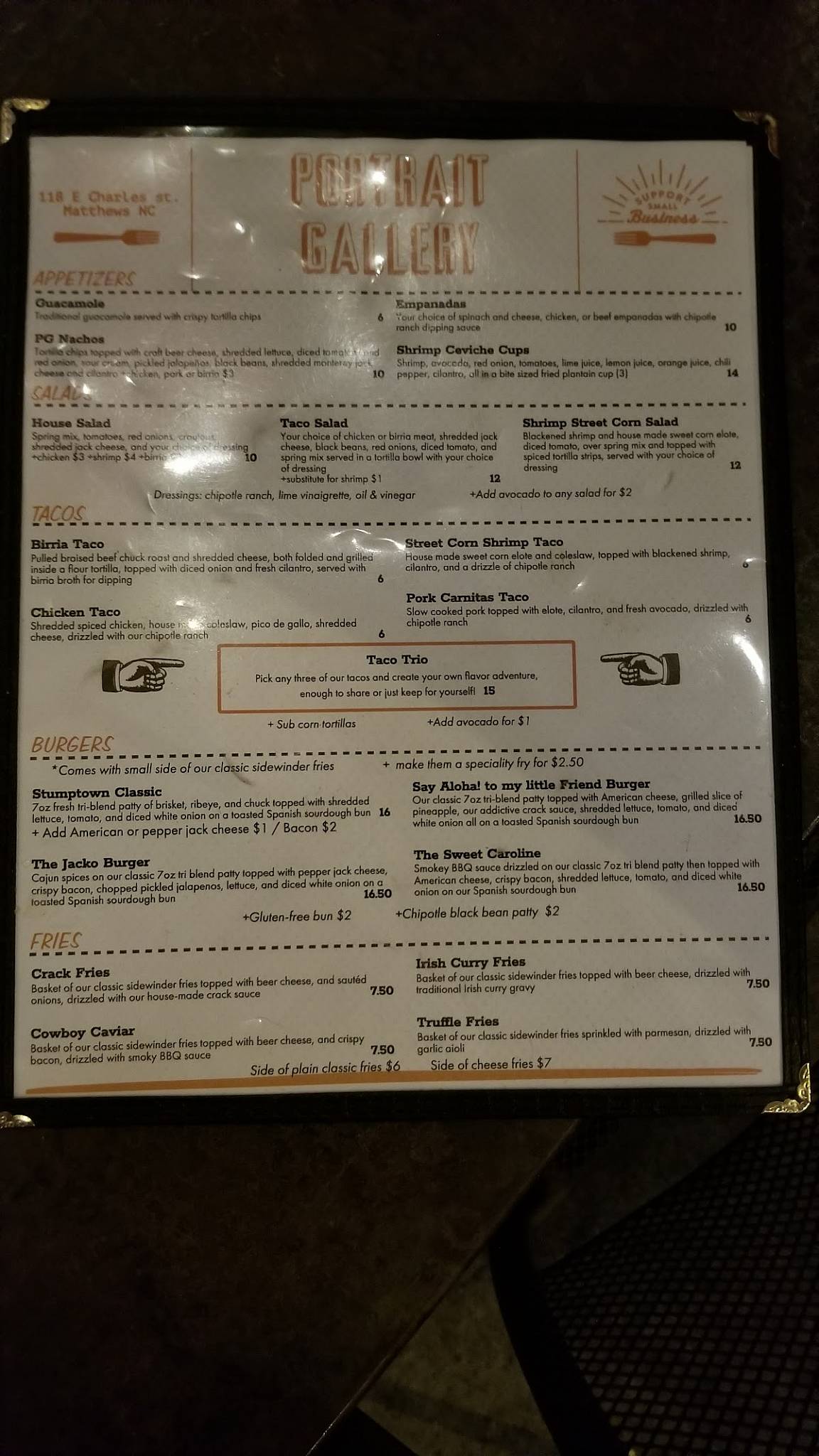 Menu at The Portrait Gallery Restaurant, Matthews