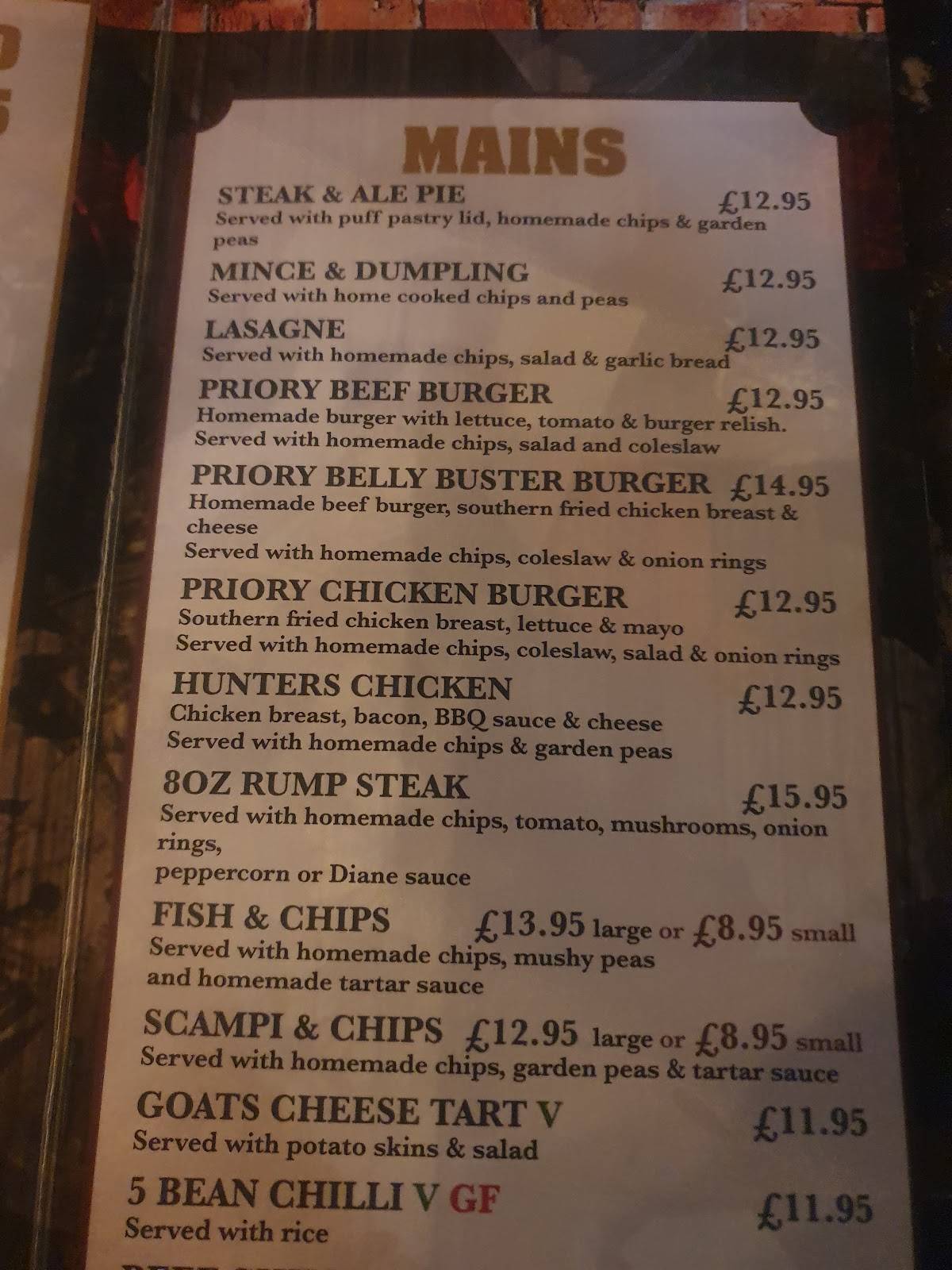 Menu at The Priory pub & bar, Tynemouth, Front St
