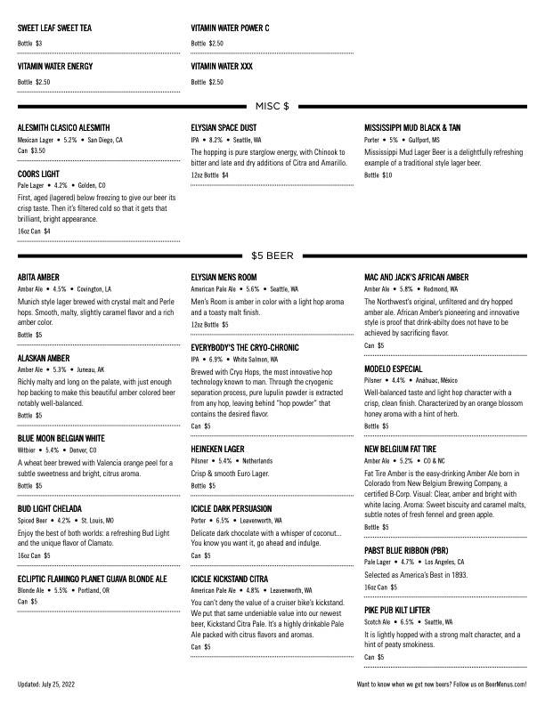 Menu at The Prohibition Bar, Seattle