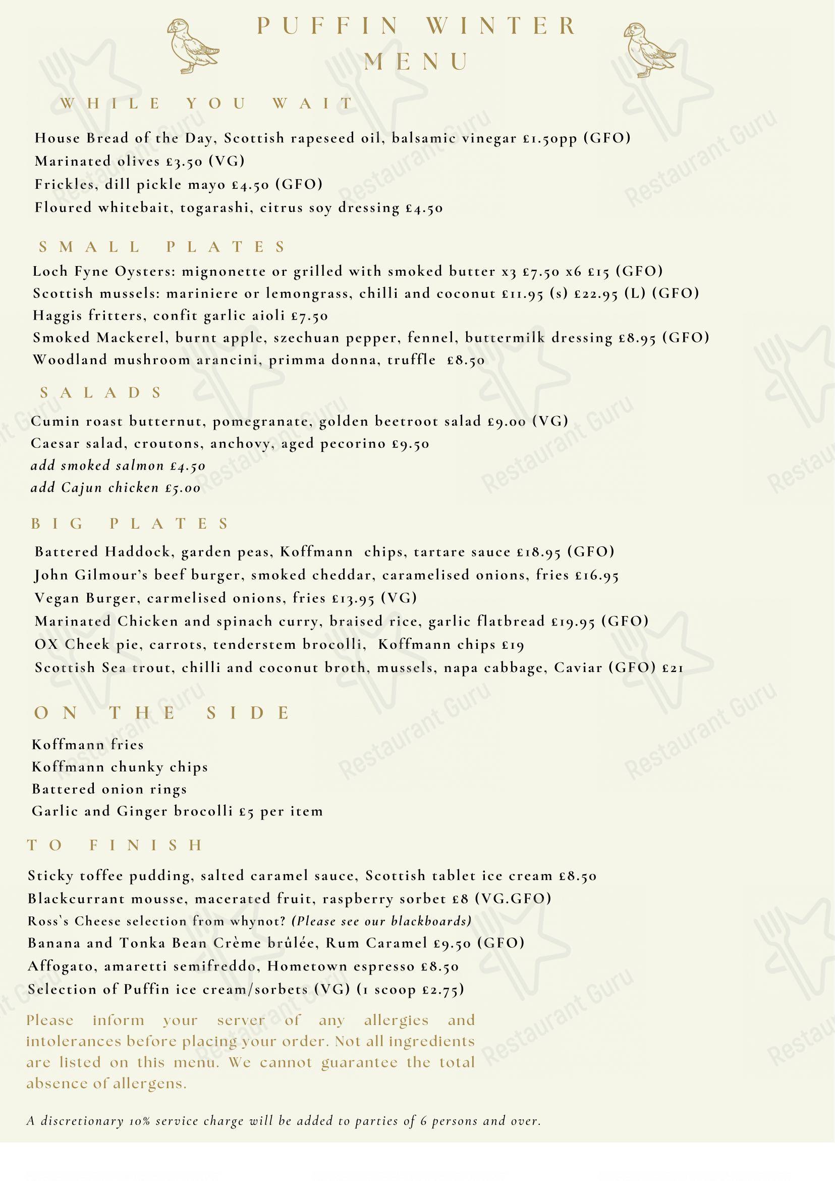 Menu at The Puffin restaurant, North Berwick