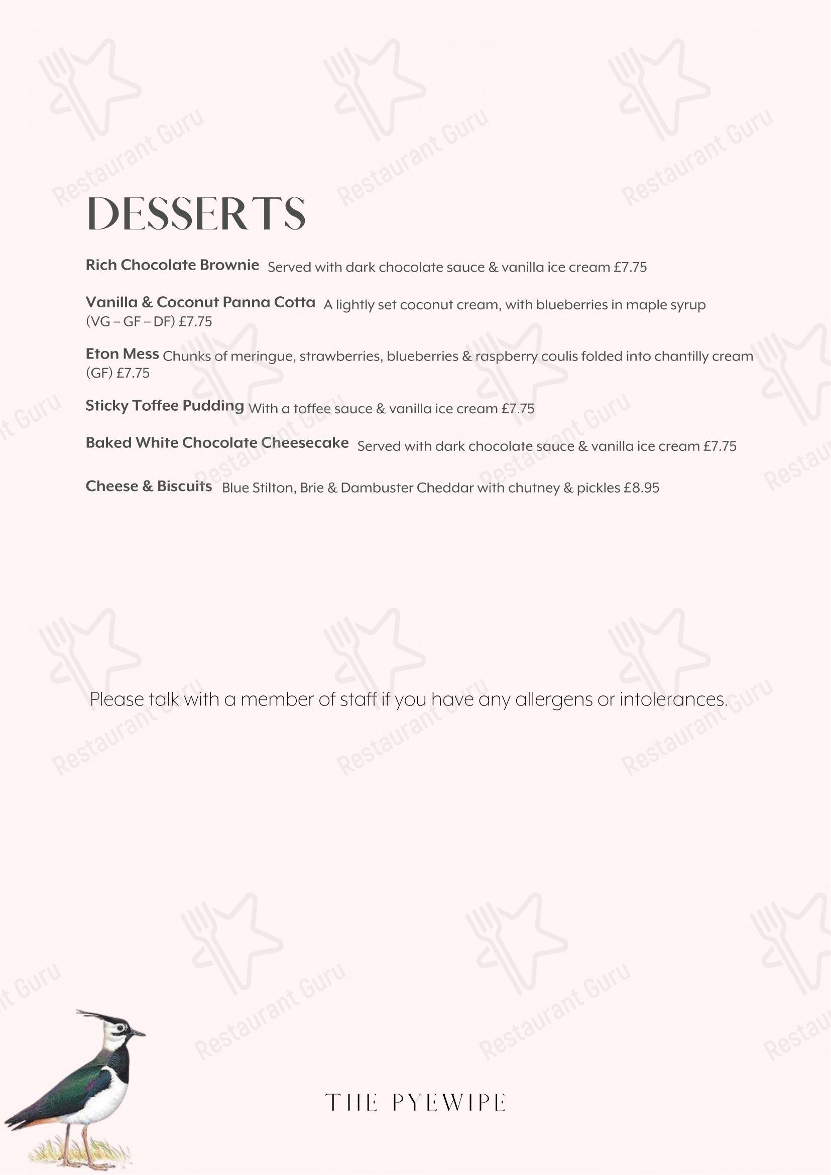 Menu at The Pyewipe Inn pub & bar, Lincoln