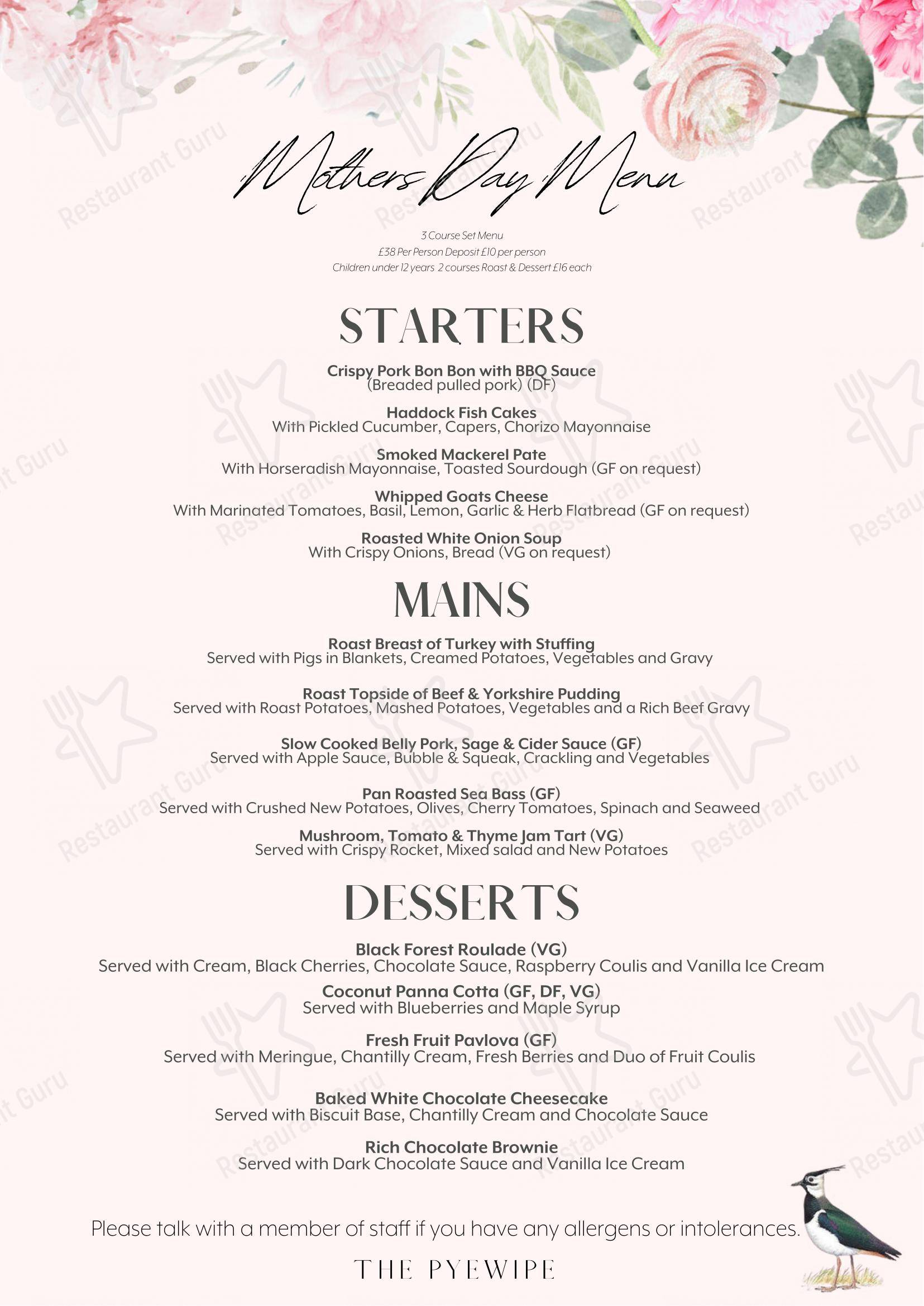 Menu at The Pyewipe Inn pub & bar, Lincoln