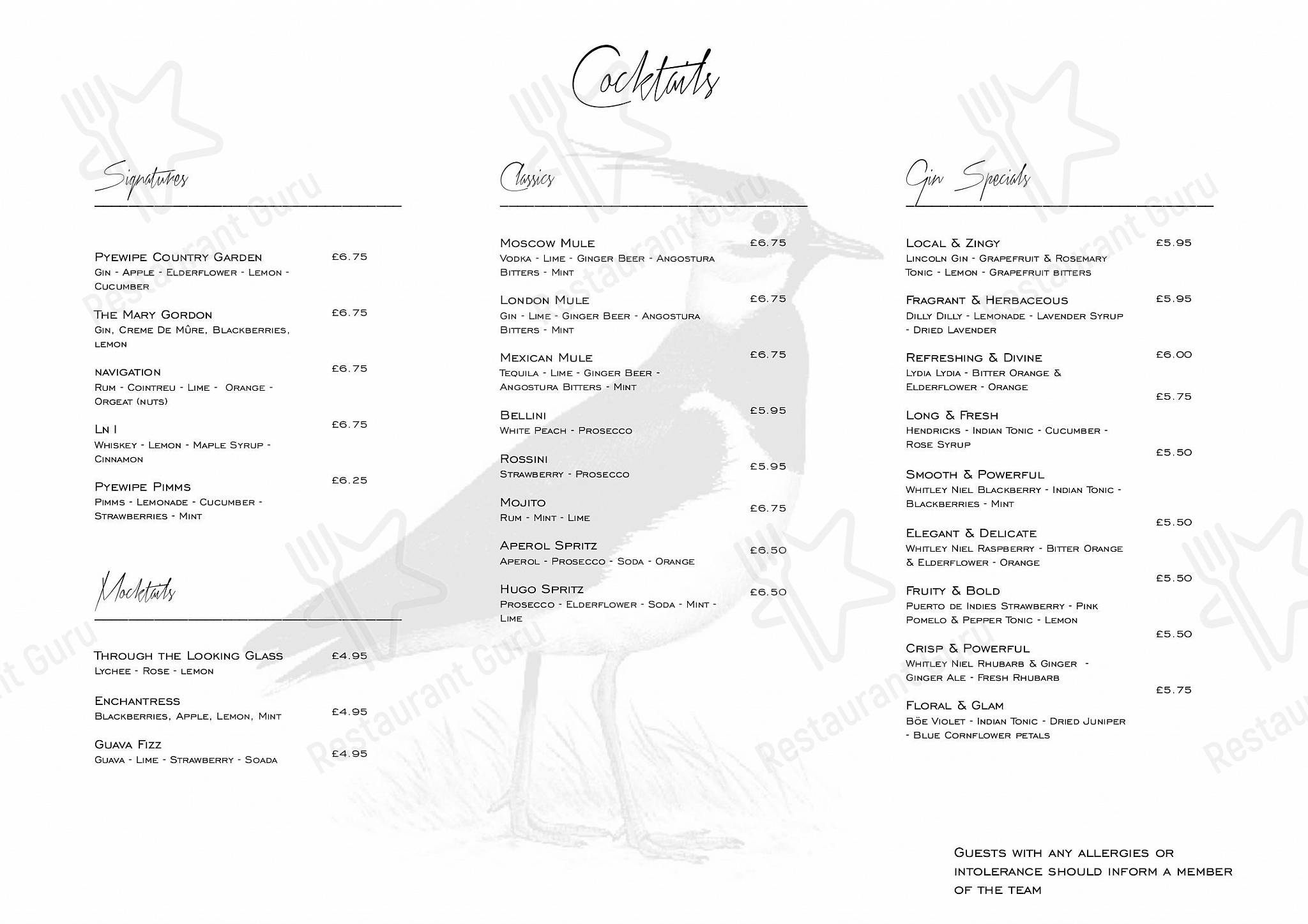 Menu at The Pyewipe Inn pub & bar, Lincoln