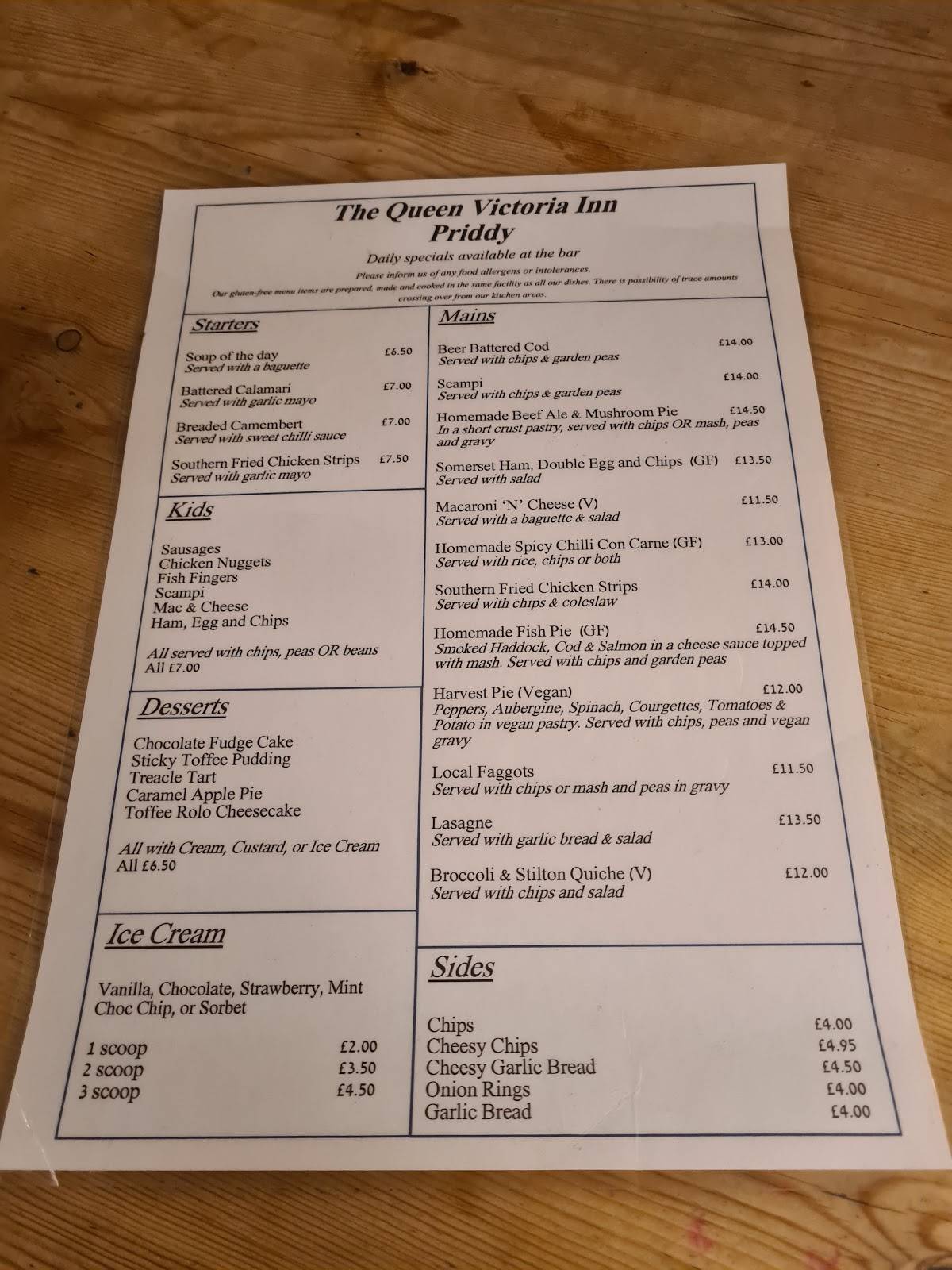 Menu at The Queen Victoria Inn pub & bar, Wells