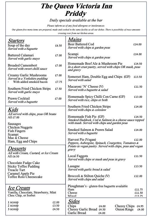 Menu at The Queen Victoria Inn pub & bar, Priddy