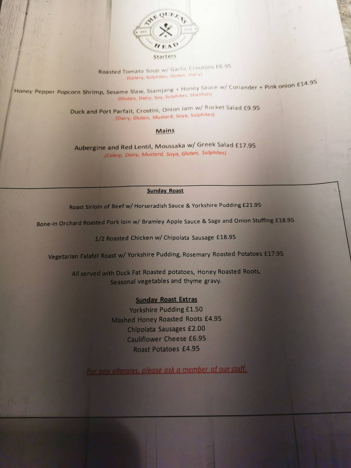 Menu at The Queens Head pub & bar, Bromsgrove, Sugarbrook Ln