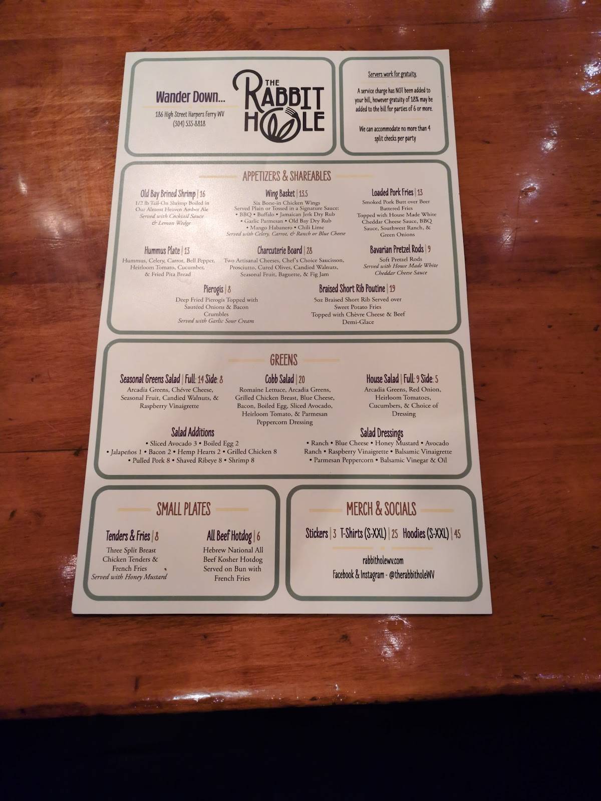 Menu at The Rabbit Hole pub & bar, Harpers Ferry