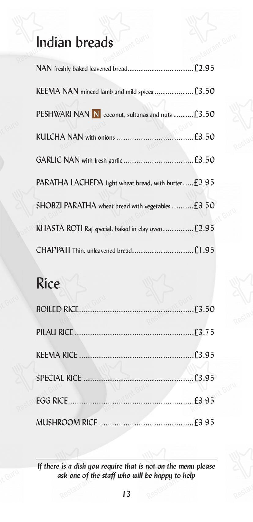 Menu at The Raj Restaurant, Kettering