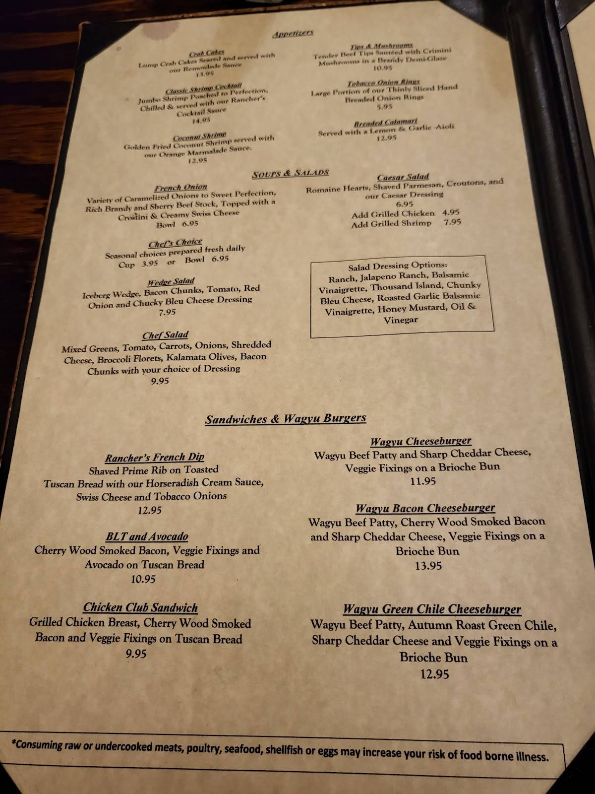 Menu at The Ranchers Steak and Seafood Restaraunt steakhouse, Ruidoso