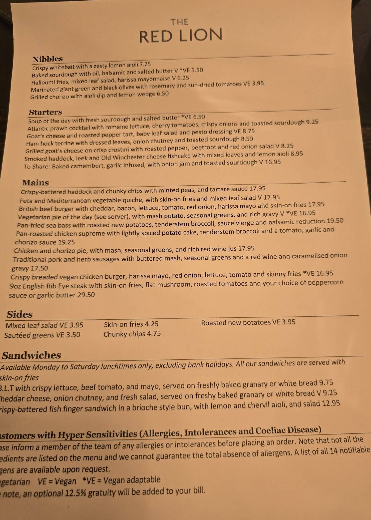 Menu at The Red Lion pub & bar, Hook, 102 High St