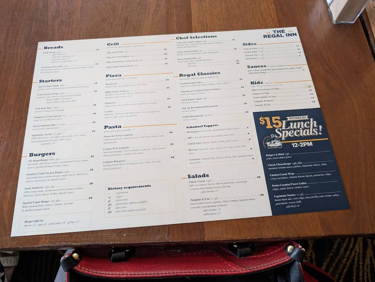 Menu at The Regal Inn restaurant, Tenambit