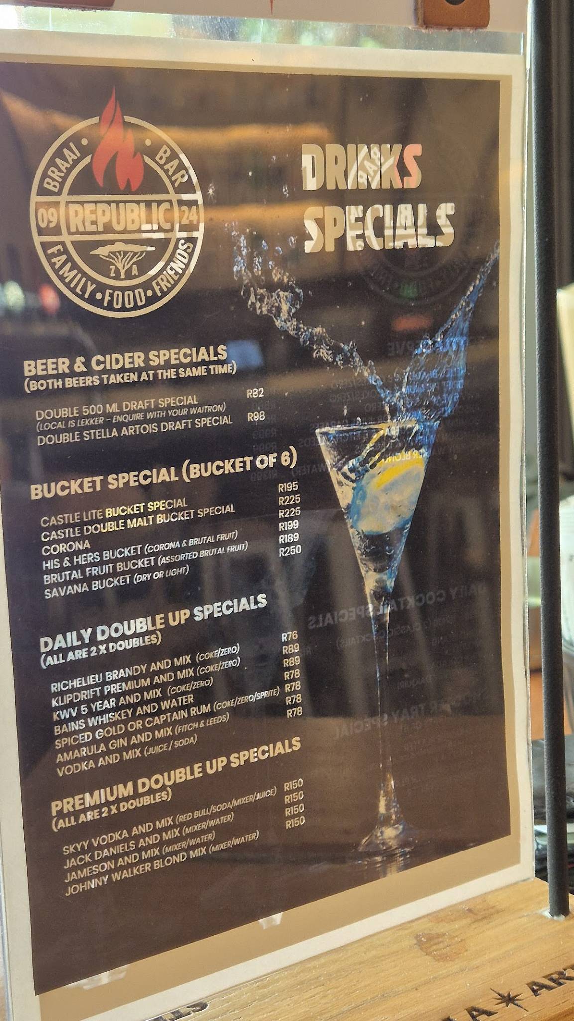Menu au The Republic ZA, Pretoria