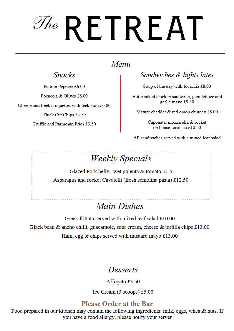 Menu at The Retreat Stroud pub & bar, Stroud