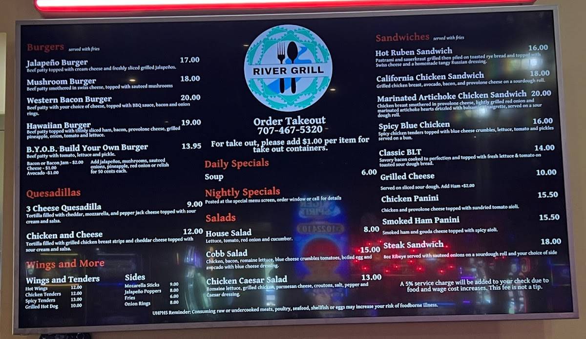 Menu at The River Grill restaurant, Point Arena, 22215 Windy Hollow Rd
